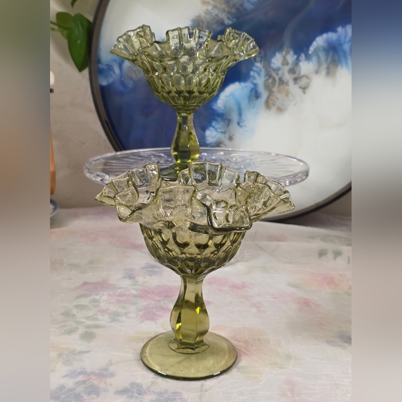 Fenton | Art | Vintage Fenton Glass Compote Thumb Print Ruffledcrimped ...